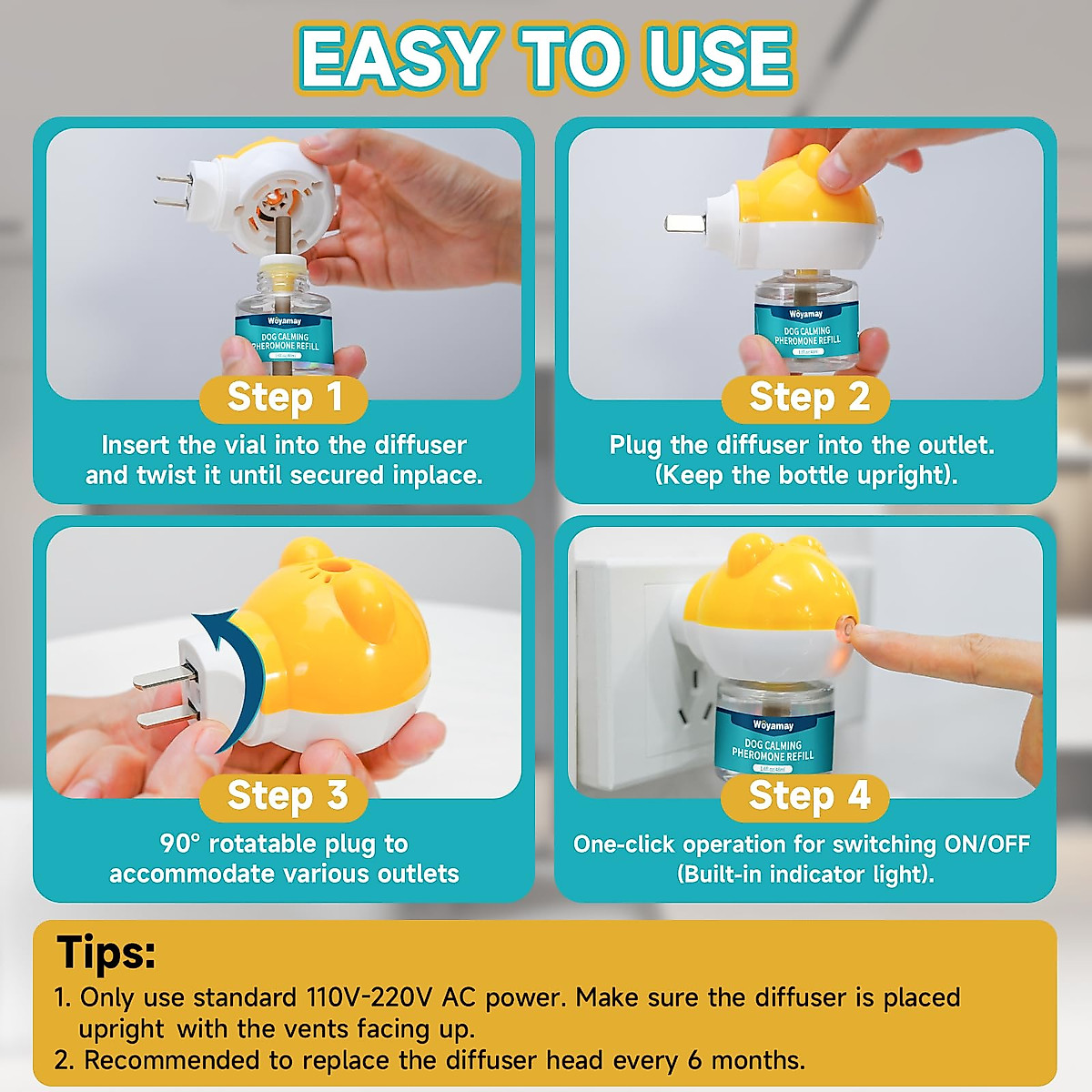 Woyamay Dog Calming Diffuser - Dog Pheromones Calming Diffuser for Dog Anxiety Relief 6-in-1 Dog Pheromone Diffuser Kit with 2 Diffuser + 4 Refill 48ml Vial - 120 Days Pheromone Diffuser to Calm Dogs