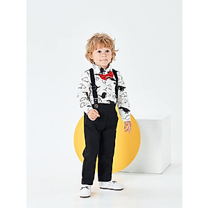JunNeng Baby Toddler Boy Dinosaur Outfits Suits Gentleman Clothes Sets, Bowtie Dress Shirt+Suspender Pants Dress Suits (White Dinosaur, 18-24 Months)