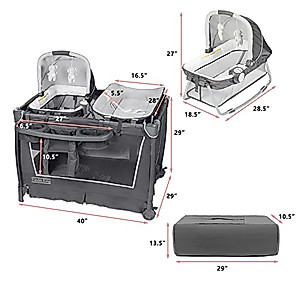 Kinder King 5 in 1 Portable Nursery Center, Foldable Playard for Baby & Toddler, Infant Pack n Play w/Bassinet, Mattress, Newborn Changing Table, Cradle, Travel Bag, Music Box, Storage Basket, Grey