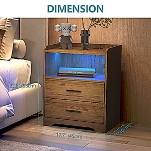 dnbss Brown Nightstand with Charging Station, Smart Bedside Table with 24-Color RGB LED Lights, Charging Nightstand for Bedroom, Modern End Side Table for Living Room Office