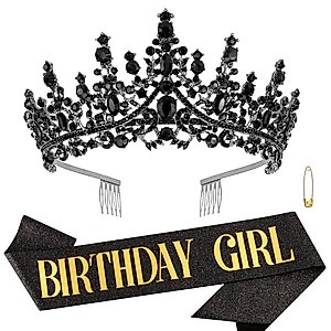ATODEN Birthday Girl Sash Tiara Queen Crown Black Tiaras and Crowns for Women Girls Crystal Princess Tiara Rhinestone Headbands Quinceanera Crown Headpieces Happy Birthday Decorations Accessories for Wedding Bride Bridal Cosplay Prom Halloween Party Suppl