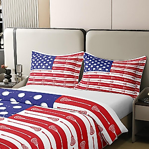 100% Nature Cotton Boys Sports Theme Duvet Cover,Hand Draw Lacrosse Sticks Ball Bedding Set for Beedroom Decor,Retro American Flag Blue Red White All Season Bedding with Zipper Closure Queen Size