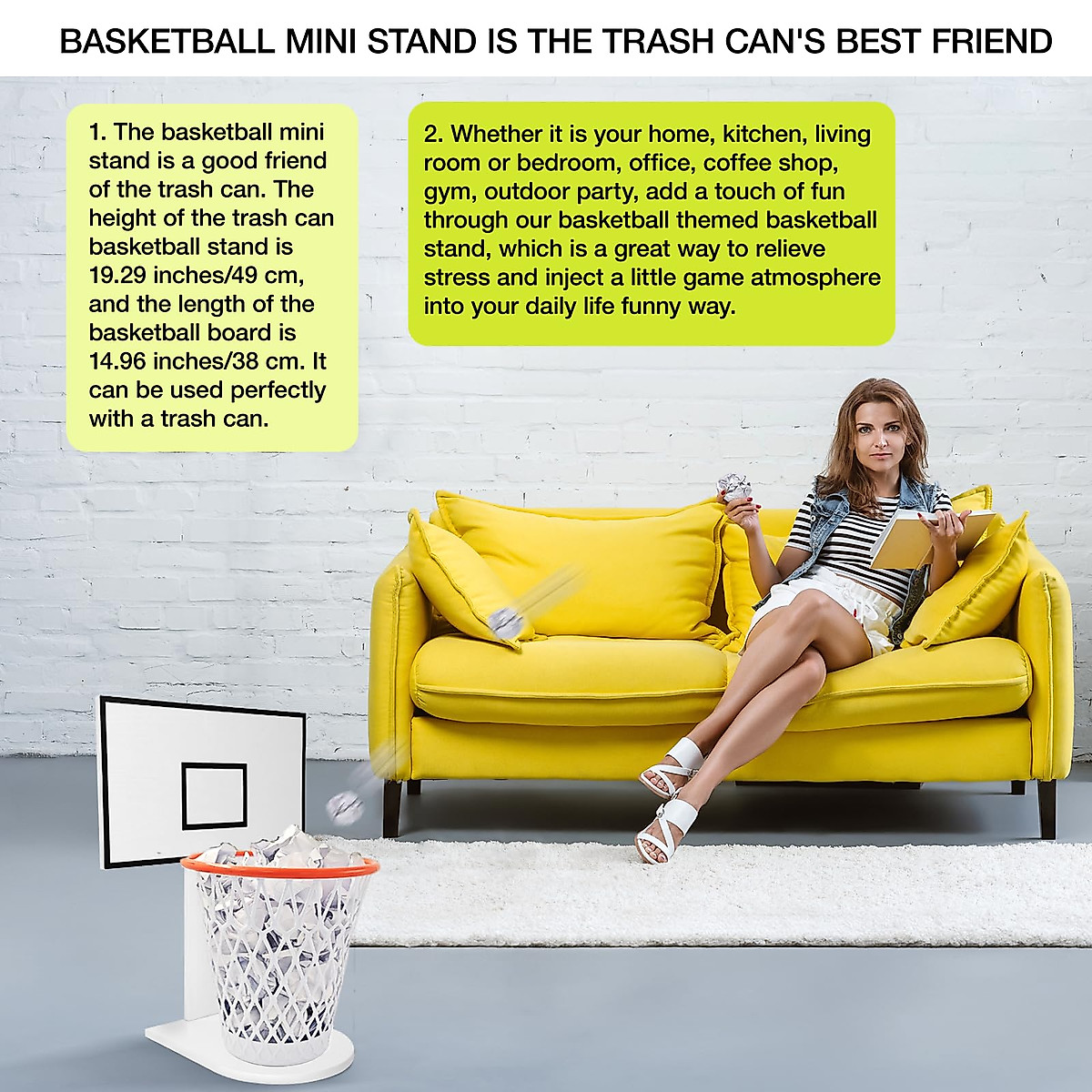 Basketball Trash Can,Trash Can Holder Wastebasket Backboard (Including 1pc Basketball Trash Can),White Wooden Basketball Garbage Can,Trash Can Basketball Hoop for Bedroom Office Kitchen Living Room