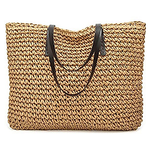 Straw Bag Round Summer Straw Large Woven Beach Bag Purse For Women Vocation Tote Handbags With Pom Poms (Lightcoffee)