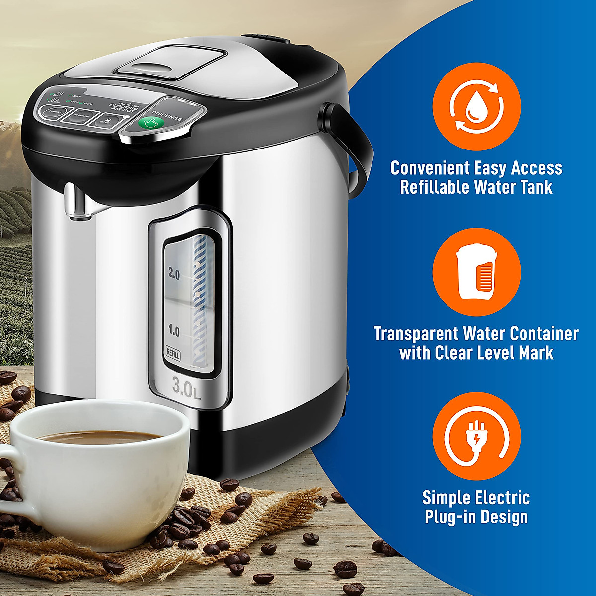 NutriChefKitchen Electric Water Boiler and Warmer - 3L/3.17 Qt Stainless Steel Electric Hot Water Dispenser w/Rotating Base, Auto Shut Off, Safety Lock, Instant Heating for Coffee & Tea (NCHUB13)