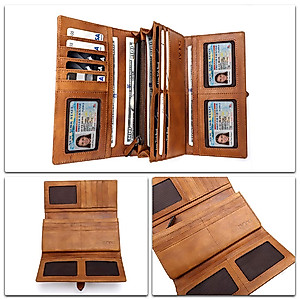 Genuine Leather Wallet Women long Purse Clutch Vintage Cowhide Handmade Card Holder Organizer (Brown)