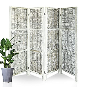 Babion 4 Panel Room Divider, Grass Willow Hand-Woven Screen, Room Dividers and Folding Privacy Screens, Modern Wall Dividers Room Bedroom Decoration, Dividers for Home Office -Grey