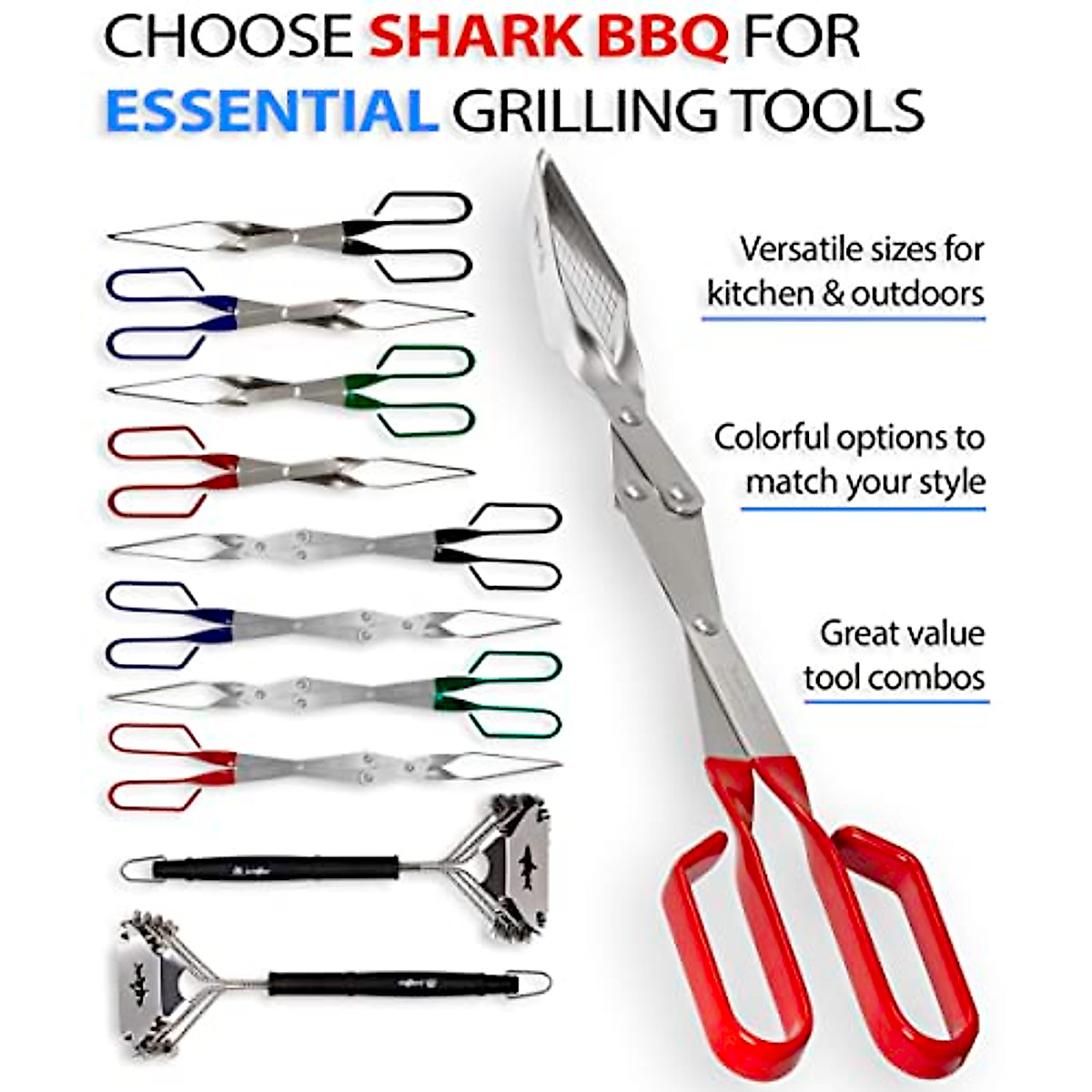 Shark BBQ Grilling Tongs: Extra long reach for outdoor grill & kitchen. Best cooking accessories for charcoal, gas grills & smoker. Perfect stainless steel gift for dad. Great for indoor cooking (Red)