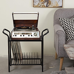 MyGift Modern Matte Black Metal Record Player Holder Stand with Vinyl Storage Organizer, Premium Quality 2 Tier Turntable Display Table Rack