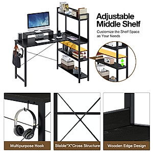 Rolanstar Computer Desk with Shelves, 47 Inch Home Office Desk with Power Outlet, Writing Table Workstation with Monitor Stand and Reversible 4-Tier Bookshelf, Study Corner Desk for Small Space, Black