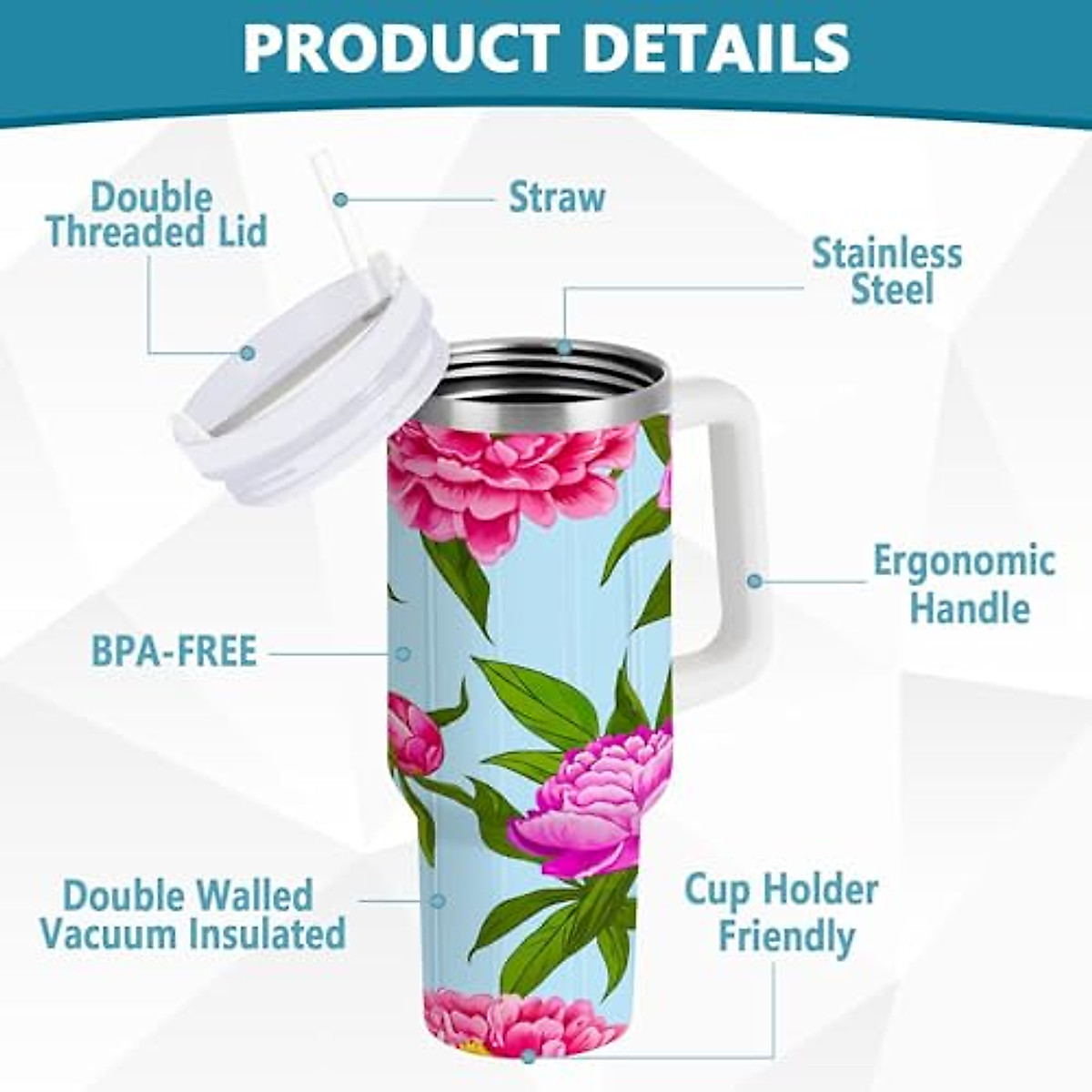 RPLIFE Pink Peonies Light Blue Stainless Steel Coffee Mug, Insulated Tumbler, Tumbler for Men