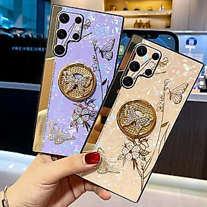 Topwin Galaxy S22 Ultra Kickstand Case, Cute Marble Conch Shell Floral Butterfly with Ring Stand Elegant Shockproof Protective Cover for Girls Women for Samsung Galaxy S22 Ultra (Rose Gold)