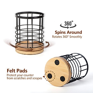 JSVER Utensil Holder Kitchen Utensil Holder, Round Utensil Holder for Kitchen Counter, Cooking Utensil Holder With Wooden Base Matte Black, 360° Rotating Kitchen Utensils Holder