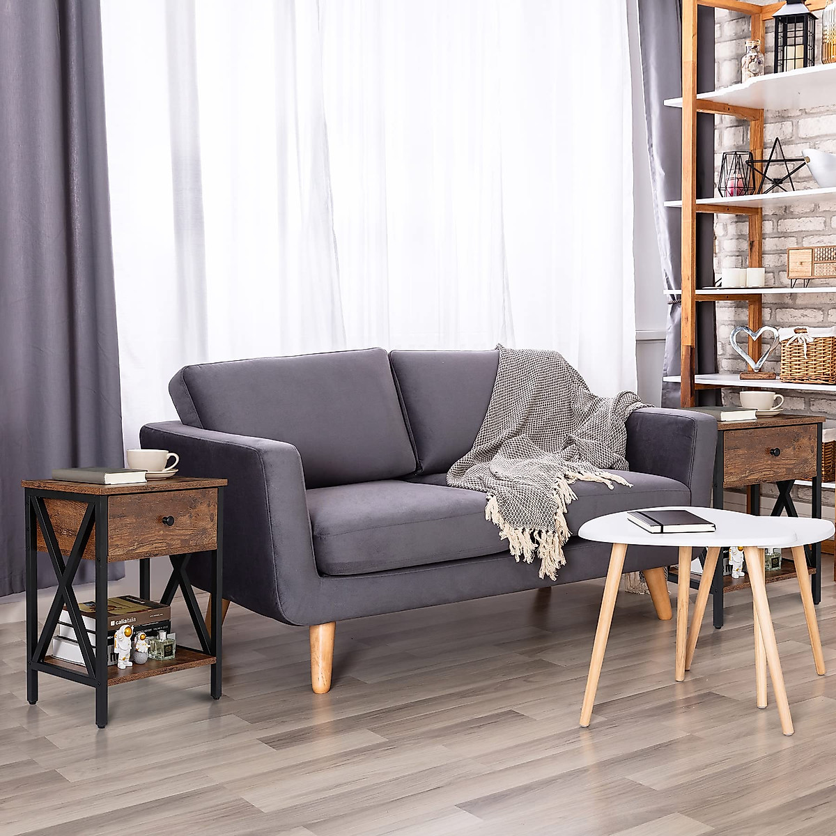 SUPER DEAL Nightstand Set of 2, Modern End Table with Drawer Industrial Metal Frame Bedside Tables for Bedroom Living Room Apartment Small Spaces, Antique brown