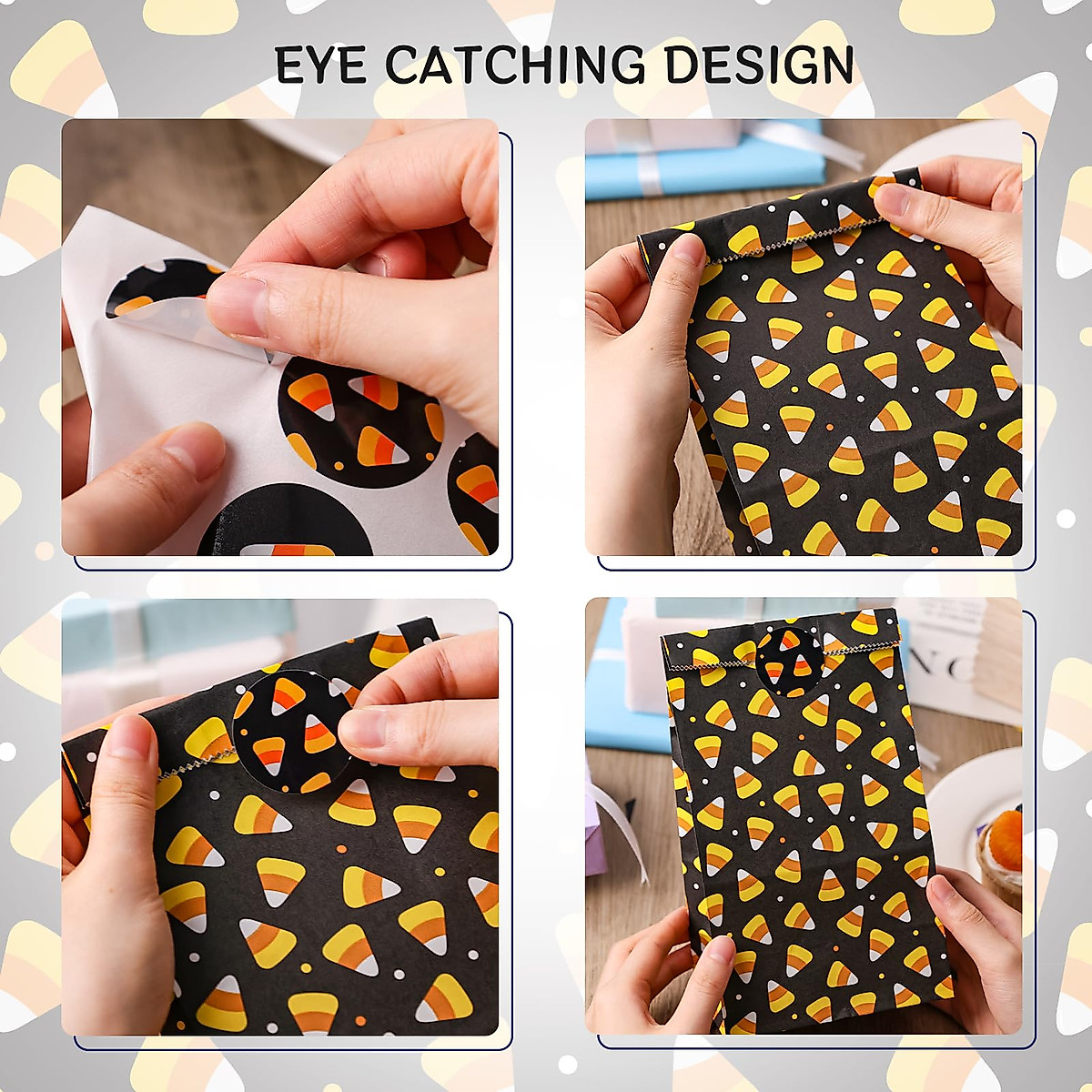 Shindel 54PCS Halloween Goodie Bag, Halloween Bags with Stickers Candy Corn Goodie Bags Candy Treat Bags for Kids Parties Gifts