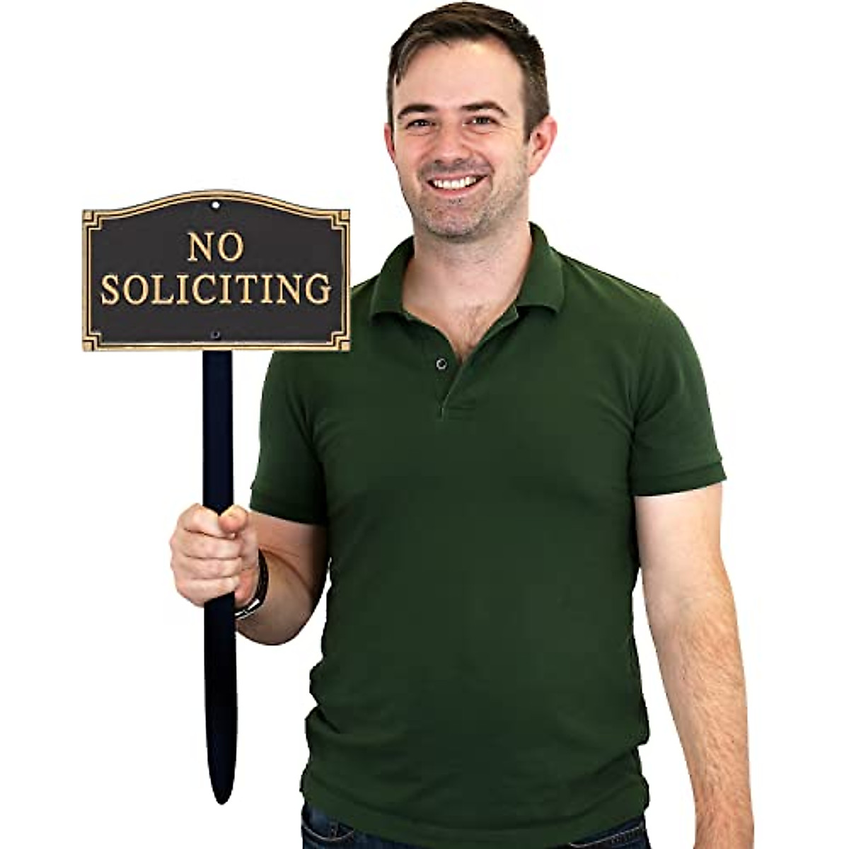 SmartSign Metal No Soliciting Sign for Yard, No Soliciting Garden Plaque | 5.75" x 9.5" Aluminum Plaque with 18" Black Stake