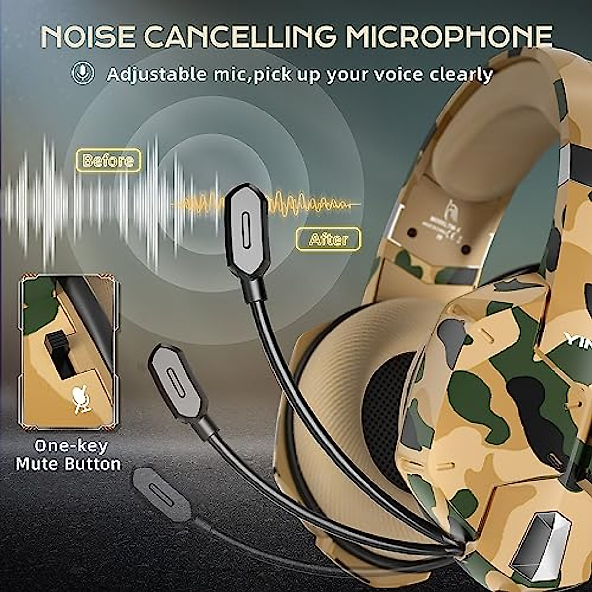 YINSAN Gaming Headset for Xbox One, PS4 Headset with Mic, Stereo Surround Sound, Noise Cancelling Microphone & One-Key Mute, Cool Camo Gaming Headphones for Nintendo Switch PS5 PC