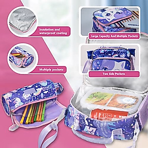 16 Inch Girls Backpack with Lunch Box and Pencil Case 3 in 1 Cute Purple Cat Backpacks for Girls Kindergarten Preschool Elementary Kawaii Kids Backpack with Bento Lunch Bag