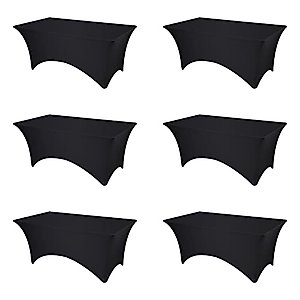 6 Pack Black Fitted Spandex Table Covers - 6Ft Stretch Tablecloths for 6 Foot Rectangle Folding Tables Rectangular Bulk Linen Fabric Elastic Table Clothes for Wedding Banquet Party Buffet Display