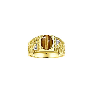 Rylos Classic Nugget Beautiful Tiger Eye & Diamond Ring - November Birthstone* Size 12