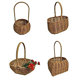 Takefuns Rattan Flower Basket, Hand-Woven Wicker Storage Basket with Handle, Handbasket Storage Box Picnic Petal Basket for Home Wedding Garden Decoration (Style 3)