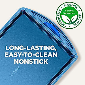 NutriChef 3-Piece Baking Sheet Set - Nonstick Cookie Sheets with Blue Silicone Handles, Flexible Carbon Steel, Easy-Clean & Stackable Bakeware - NCBK3S