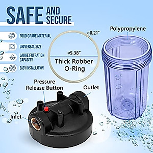 High Capacity 10 x 4.5-Inches Transparent Whole House Water Filter Purifier System with Presser Relief Button, 1” Inlet/Outlet Brass Port & Yearly Supply (4) Polypropylene Sediment Cartridges 5 Micron