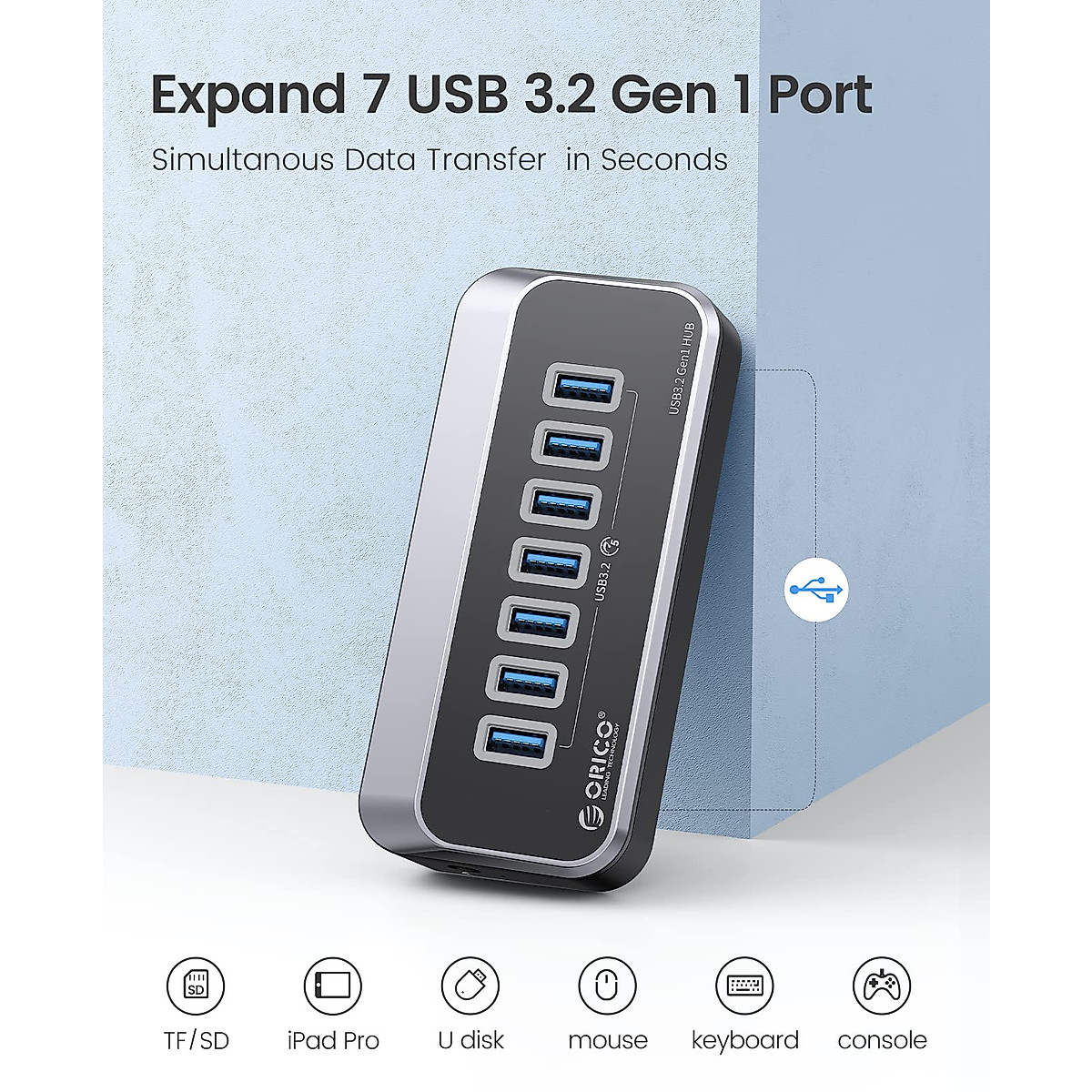 ORICO USB 3.0 Hub [5Gbps], 7 Port USB Hub with 1.64Ft USB-C Cable and USB-A Adapter, USB 3.2 Gen1 Splitter for iMac, All MacBooks, Mac Mini