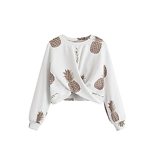 SOLY HUX Girl's Long Sleeve Twist Front Sweatshirt Pineapple Print Pullover Crop Tops White 11-12Y