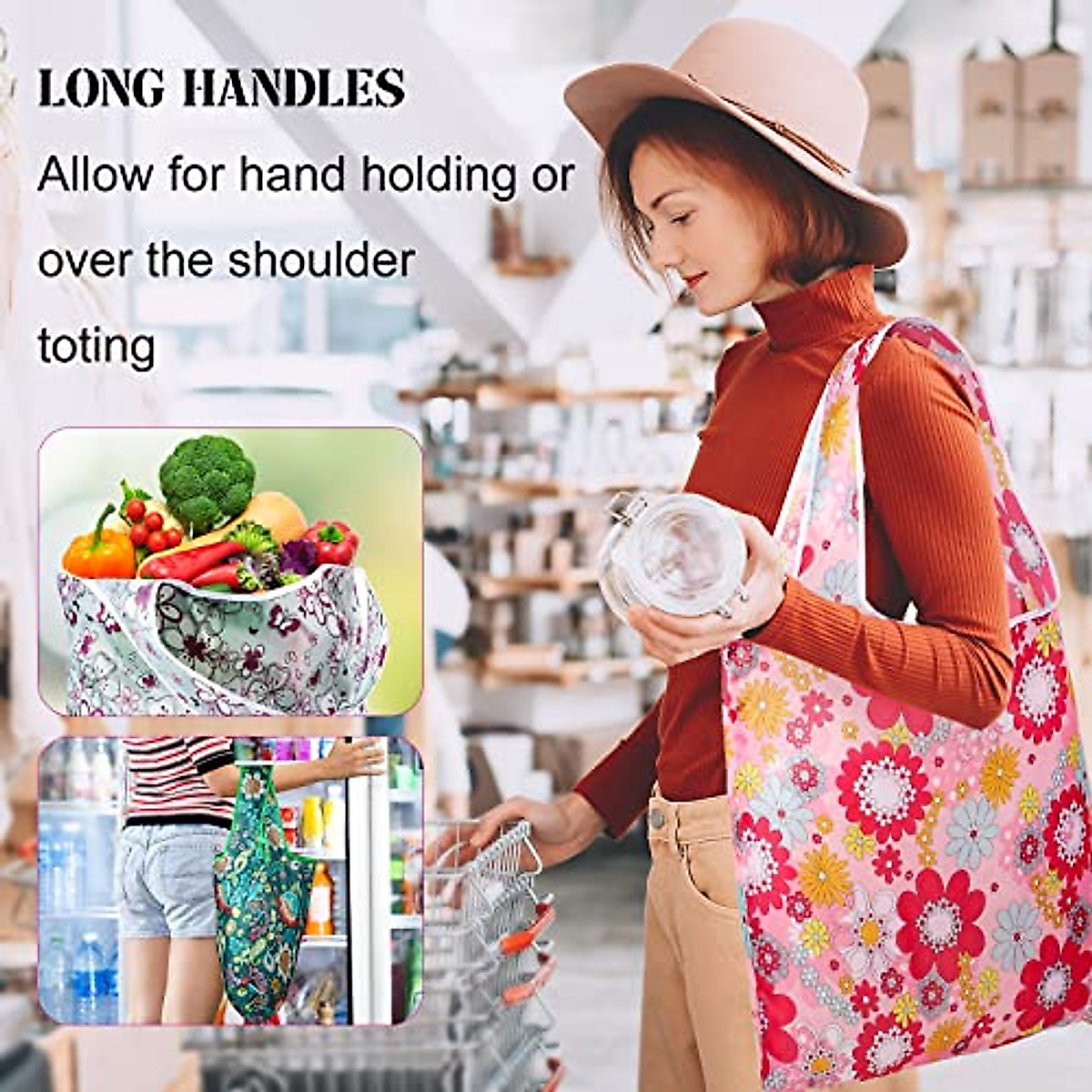 Eccliy 24 Pieces Reusable Grocery Bags Polyester Shopping Bags for Groceries Multi Colors Reusable Bags Foldable Shopping Bag (Flower Style)