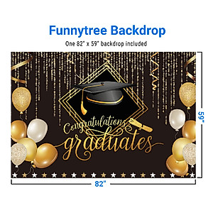 Funnytree 82" x 59" 2024 Class Graduation Photography Backdrop Black and Gold Bachelor Cap Balloon Grad Congrats Party Banner Background for Picture Photo Photobooth Decoration