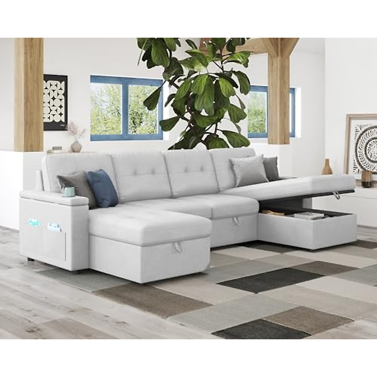 PaPaJet Pull Out Sofa Bed, 2 in 1 Sleeper Couch with USB Charging Stocket & Beverage Holders, Sectional Sofa Bed with Dual Chaise- Light Gray Chenille