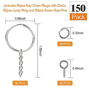 150PCS Key Chain Rings Kit, 1inch Key Chain Rings, Includes 50pcs Key Chain Rings with Chain, 50pcs Jump Ring and 50pcs Screw Eye Pins, for Crafts and Jewelry Making Key Chain Making Hardware Supplies
