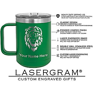 LaserGram 15oz Vacuum Insulated Coffee Mug, Soccer Ball, Personalized Engraving Included (Green)