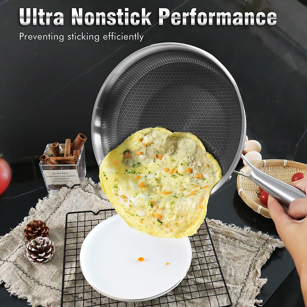 AuFranc® Hybrid Nonstick 9.5 Inch Stainless Steel Frying Pan, Induction Fry Pan with Honeycomb Carving, Non-stick Skillet Suitable for All Cooktops, Stay-Cool Handle, Non-Toxic, Dishwasher & Oven Safe