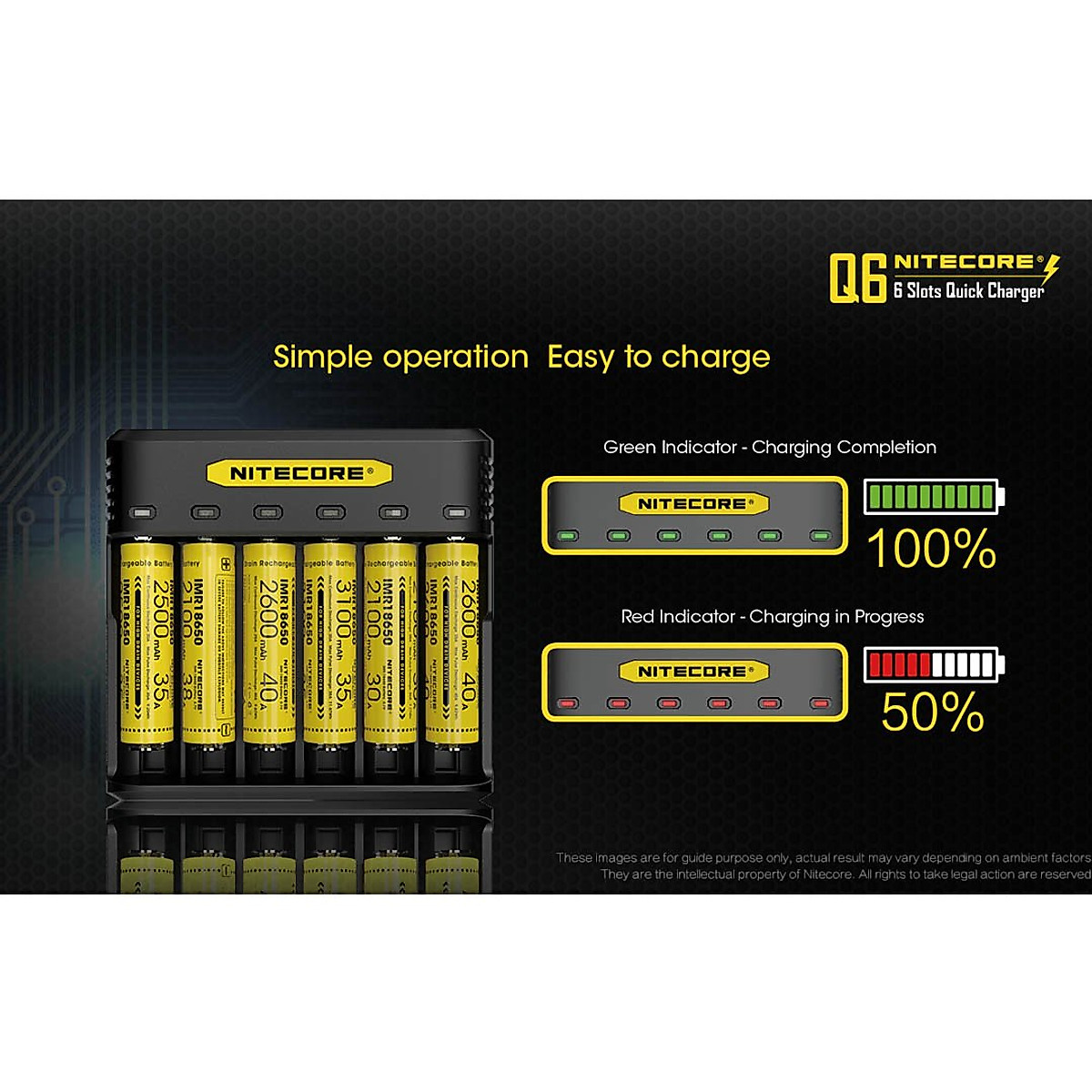 Nitecore Q6 Six Slot 2A Universal Li-ion/IMR Battery Charger for 21700, 18650, 16340, 14500, 18350 and More