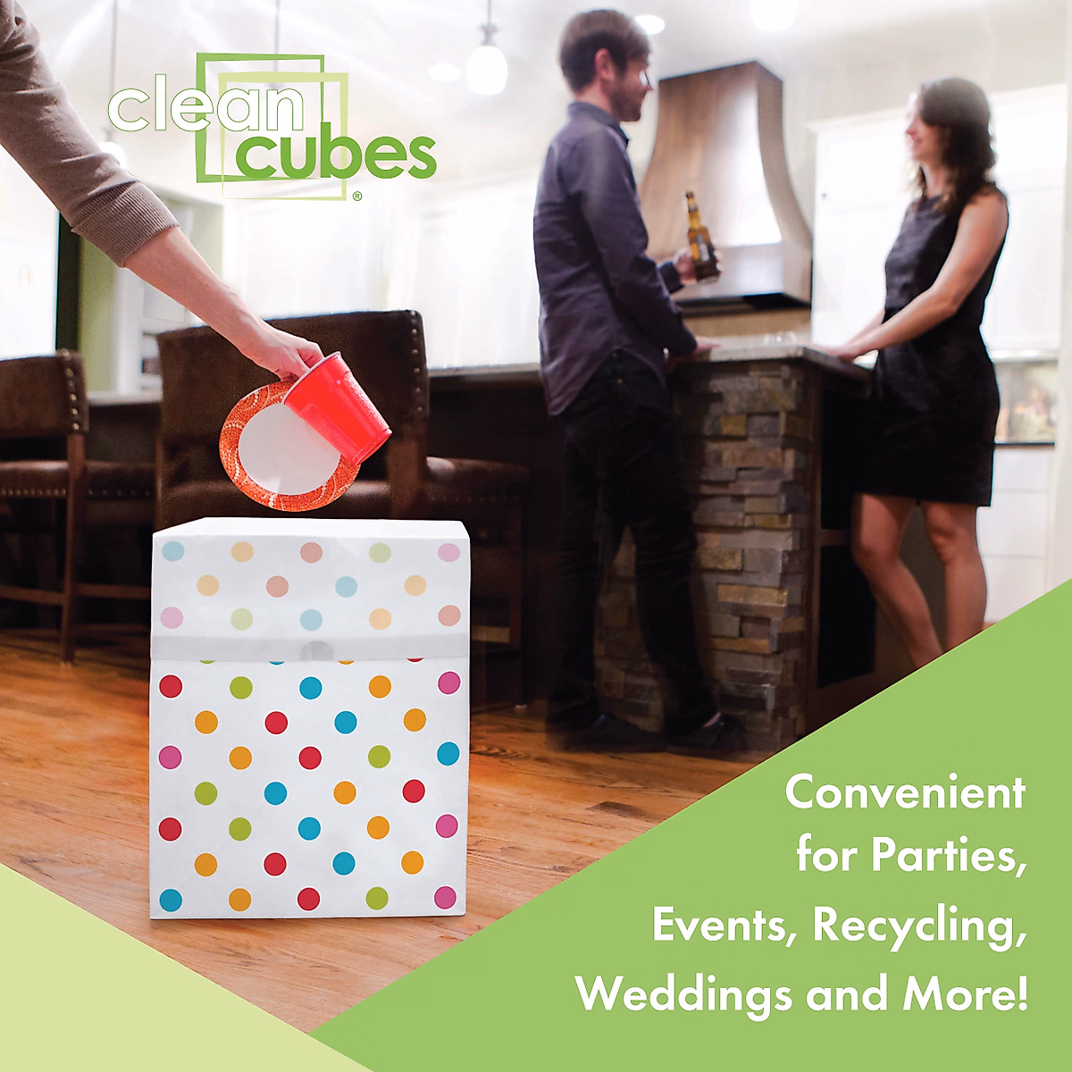 Clean Cubes 13 Gallon Disposable Trash Cans (3-Pack). Reusable Garbage and Recycling Bins for Parties, Events, and More (Polka Dot - 18" Tall x 14" Wide 10" Deep)