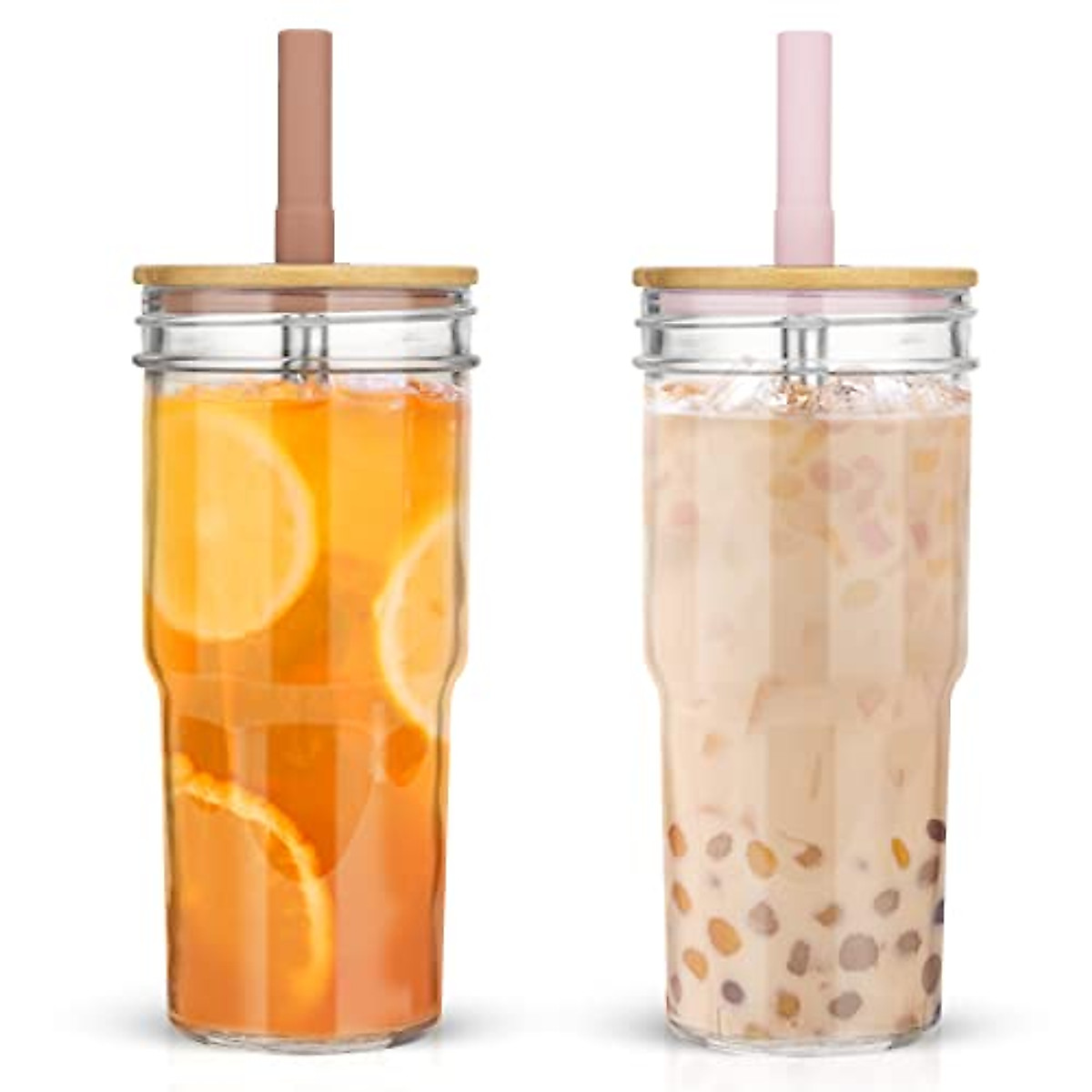 Zukro 24 oz Glass Tumbler with Bamboo Lid and Straw 2 Pack, Mason Jar Drinking Glasses, Bubble Tea Cup, Wide Mouth Glass Bottle for Smoothie, Iced Coffee, Juice, Water, BPA Free, Dishwasher Safe
