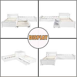 CITYLIGHT L-Shaped Platform Bed with Trundle and Drawers Linked with Built-in Desk, Wood Corner Bed with 3 Twin Beds for Kids Girls Boys Teens Bedroom (Twin,White)