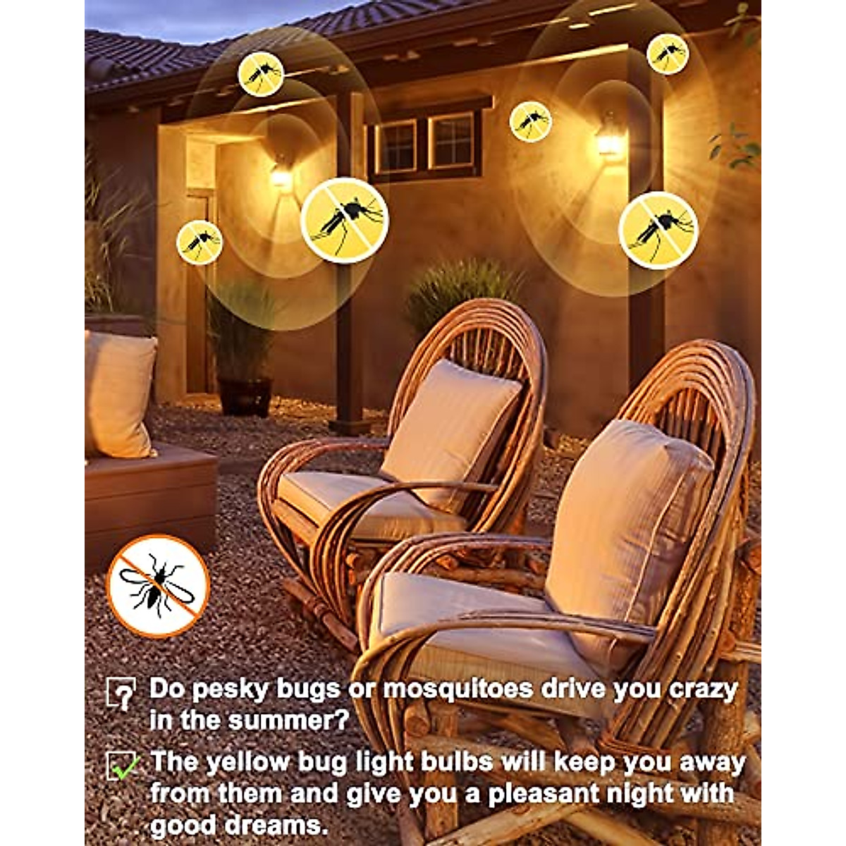 Yellow LED Bug Light Bulbs Outside, A19 LED Yellow Bug Bulb Outdoor 60W Equivalent, 9W Yellow Amber Bug Lights E26 Base Porch Lights, Non-Dimmable LED Lighting for Home, Patio, Deck, Backyard, 4 Pack