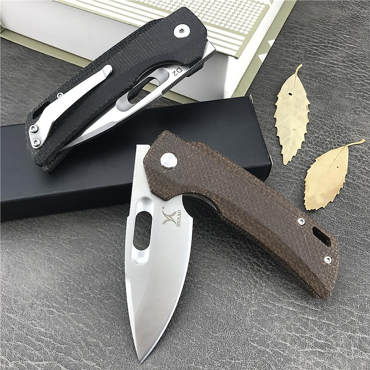 2.56'' D2 Steel Blade Linen Handle with Clip Mini Folding Pocket Knife,Camping Portable EDC Tool,Outdoor Survival Knives,Christmas Gift for Men (Black Handle)