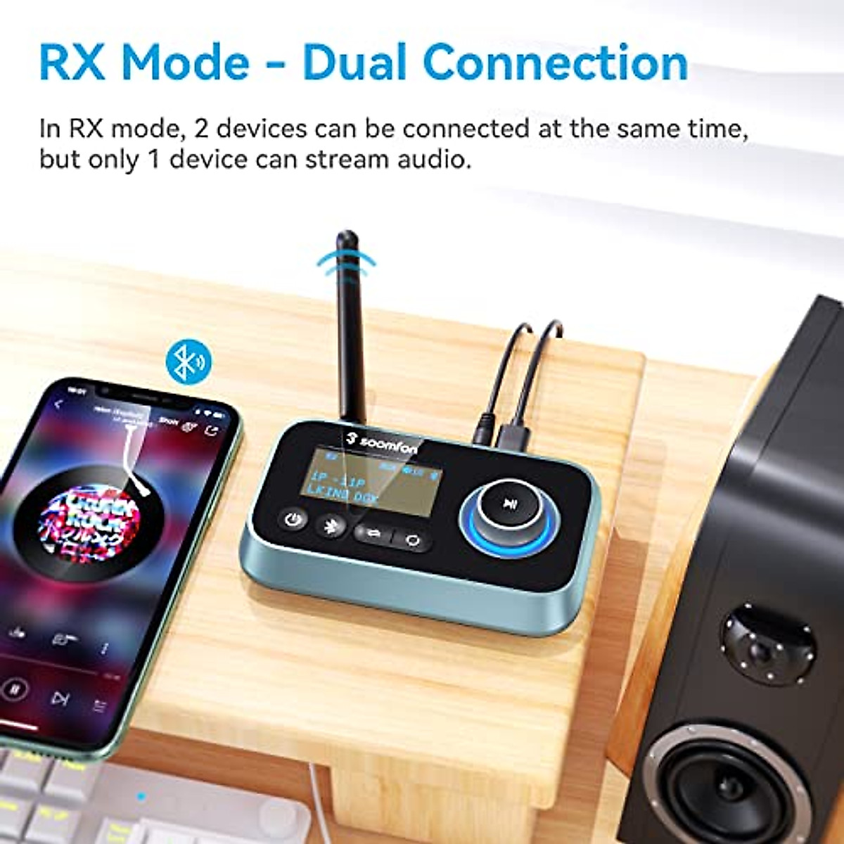 Bluetooth Transmitter Receiver, SOOMFON 3-in-1 Bluetooth 5.0 Audio Adapter for 2 Headphones with LCD Display Adjustable Volume, Optical AUX RCA Bypass for TV Home Stereo Speaker