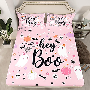 Manfei Pink Ghosts Sheet Set Full Size, Halloween Theme Bedding Set for Kids Girls Teens, Gothic Skull Spider Bat Pumpkin Bed Sheet Set 4pcs with Deep Pocket Fitted Sheet + Flat Sheet + 2 Pillowcases