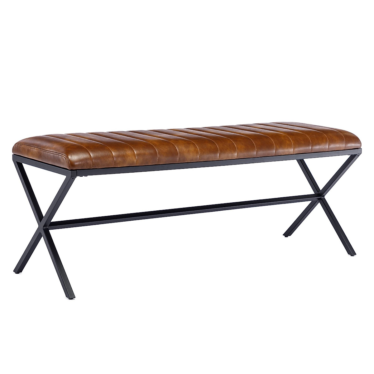 Duhome End of Bed Bench,Modern Entryway Bench Faux Leather Upholstered Dining Bench,Vanity Bench with Metal X Legs, Leather Tufted Bedroom Bench for Makeup Room, Living Room, Bathroom,Yellowish Brown