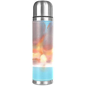 Stainless Steel Leather Vacuum Insulated Mug Sky Thermos Water Bottle for Hot and Cold Drinks Kids Adults 16 Oz