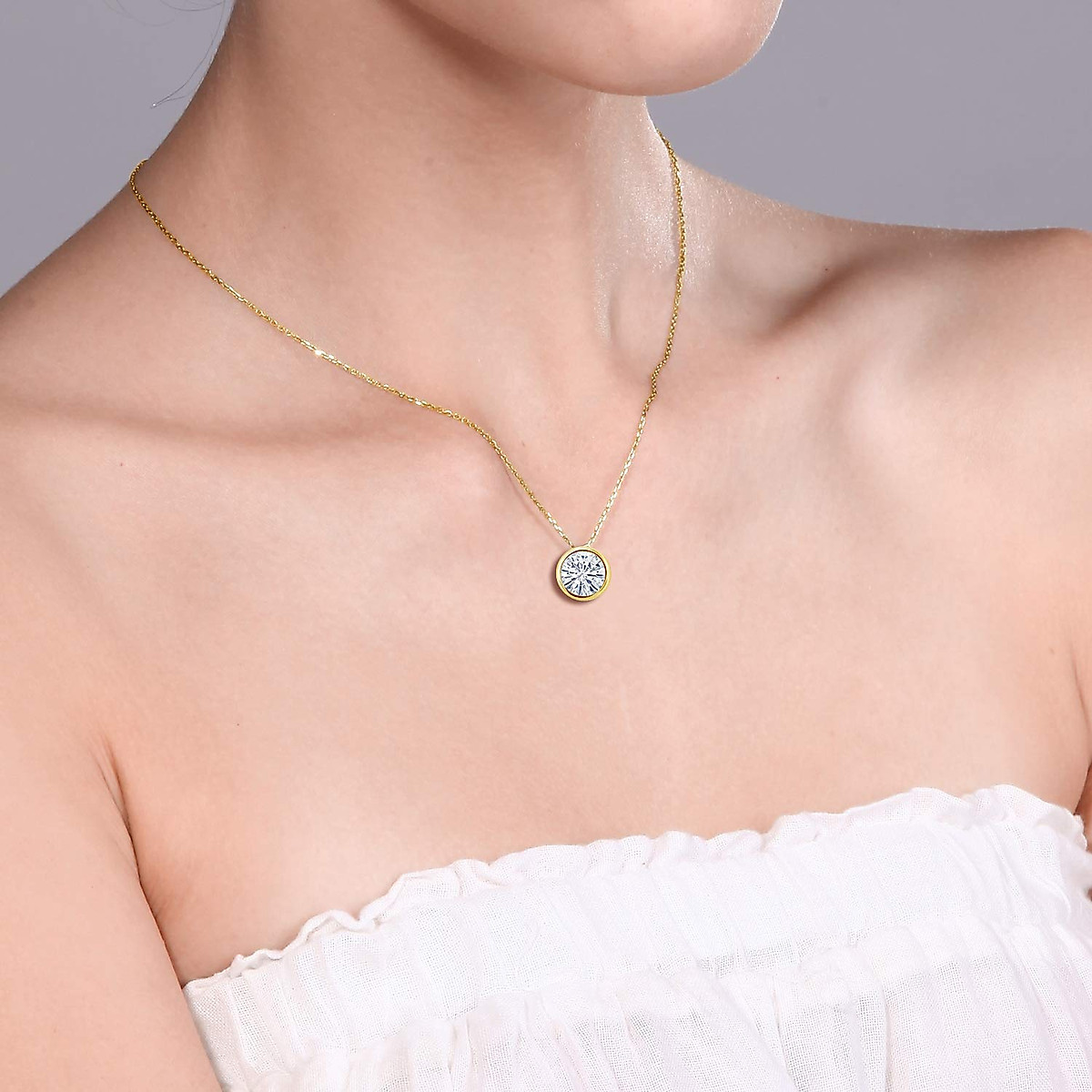 Gem Stone King 14K Yellow Gold Forever Classic Moissanite from Charles & Colvard Pendant Necklace For Women (1.00 Cttw, Round 6.5MM with 18 Inch Chain)