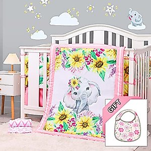 Honkaii Elephant Crib Bedding Set 4-Piece, Baby Nursery Bedding Sets Including Crib Quilt, Crib Skirt, Crib Sheet, Baby Blanket, Pink Crib Sets for Girls