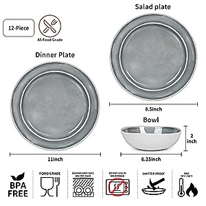 Melamine Dinnerware Set - 12pcs Dishes Dinnerware Set for 4, Indoor and Outdoor use, Dishwasher Safe, Break-resistant, Lightweight, Gray