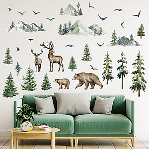 Mountain Wall Decals Large Pine Tree Wall Decals Peel and Stick Forest Tree Deer Birds Animal Wall Decals Mountain Tree Wall Stickers for Kids Room Nursery Decor