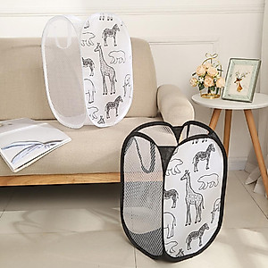 Handy Laundry Collapsible Mesh Pop Up Hamper Cartoon Animals Laundry Basket with Wide Opening and Side Pocket ¨C Breathable, Sturdy, Foldable, and Space-Saving Design (White)